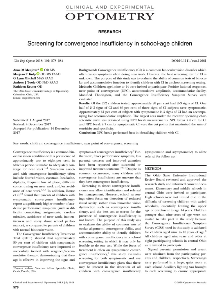 School-Age Convergence Insufficiency Screening | PDF | Visual Acuity ...
