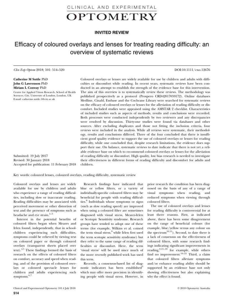 Efficacy of Coloured Overlays and Lenses For Reading | PDF | Systematic ...