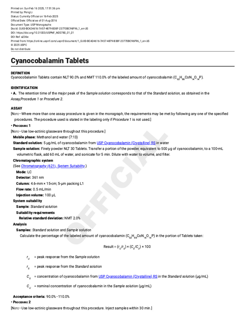 USP-NF Cyanocobalamin Tablets | PDF | Chromatography | Buffer Solution