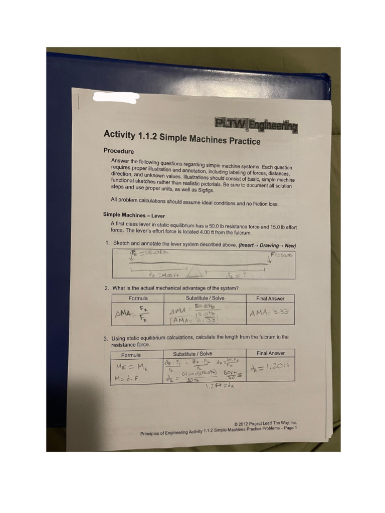 Principles of Engineering 1.1.2 Simple Machines Practice | PDF