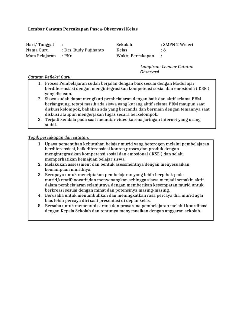3_Lembar Catatan Percakapan Pasca-Observasi Kelas | PDF