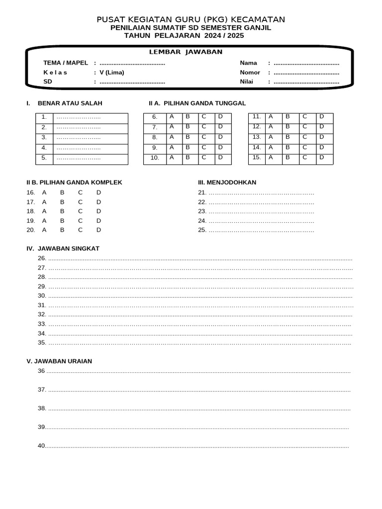 LJK KLS 6 Agama, PP, SBK, Ipas, Pjok | PDF