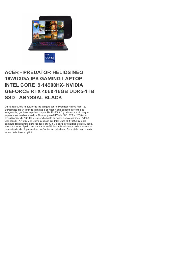 Acer - Predator Helios Neo 16 WUXGA IPS... Laptop - Intel Core I9-14900h.. | PDF