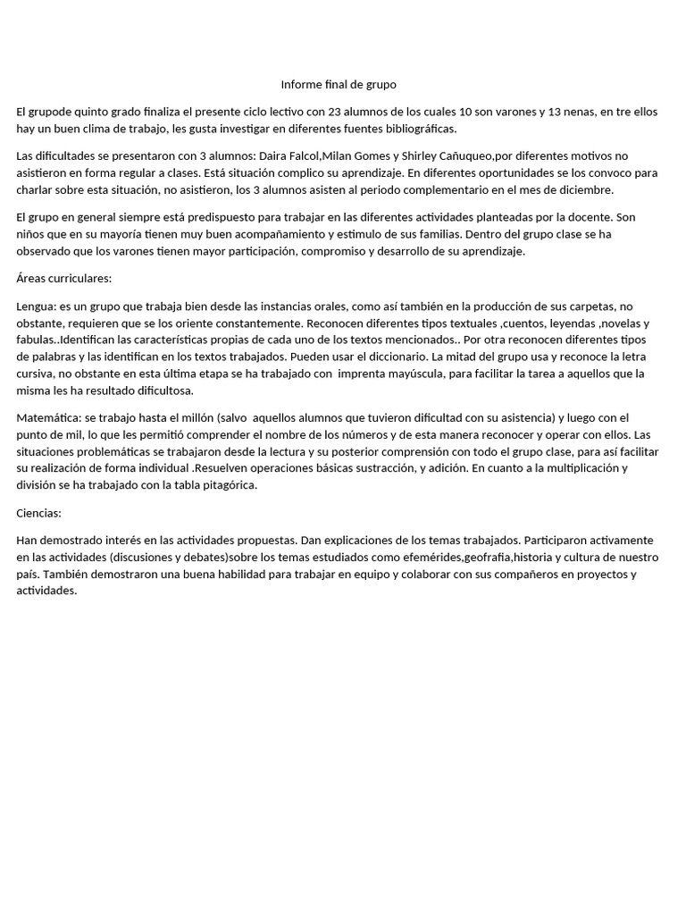 Informe Final de Grupo Escuela 350 2024 | PDF | Aprendizaje | Cognición