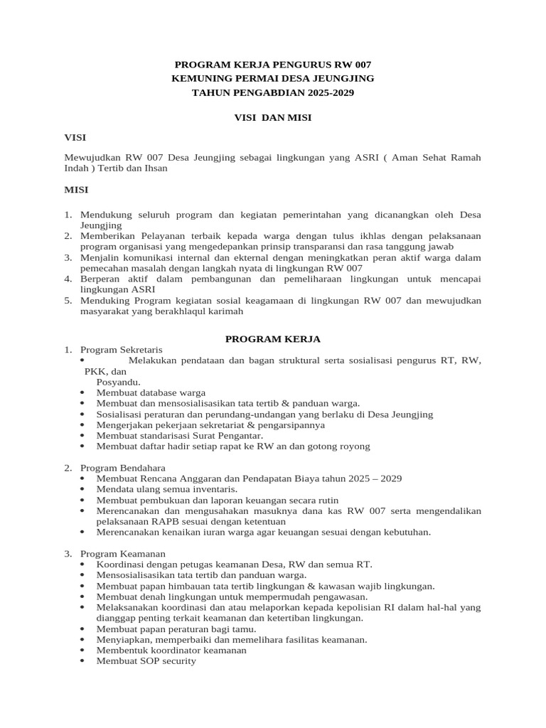 Program Kerja Pengurus RW 007 Oke | PDF