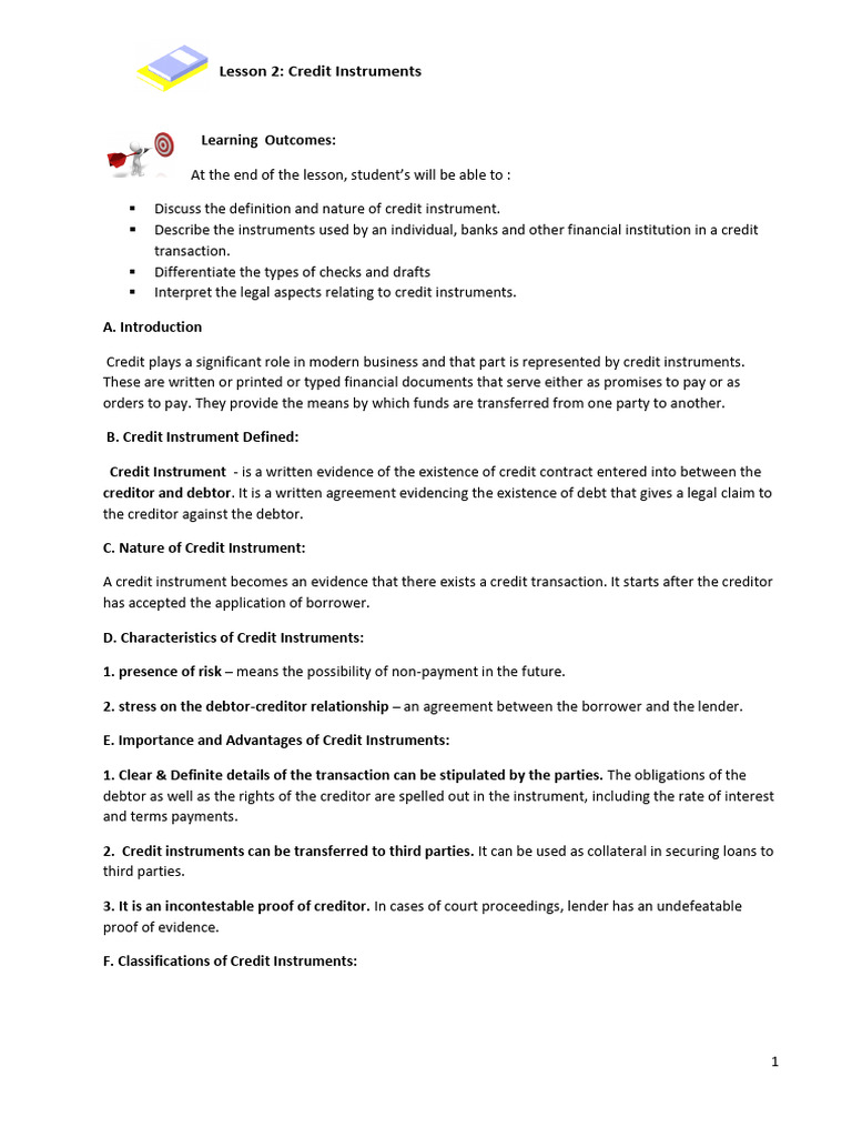 Lesson 2 Credit Instruments | PDF | Cheque | Negotiable Instrument