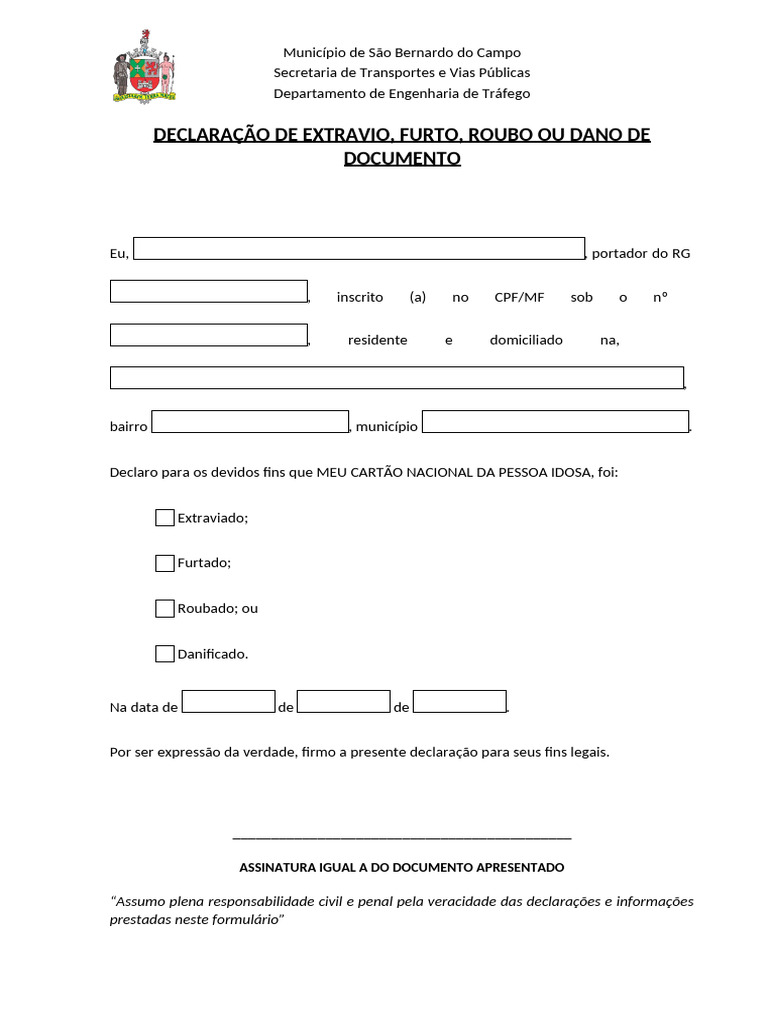 Declaracao de Extravio Furto Roubo de Documento 2 5 | PDF