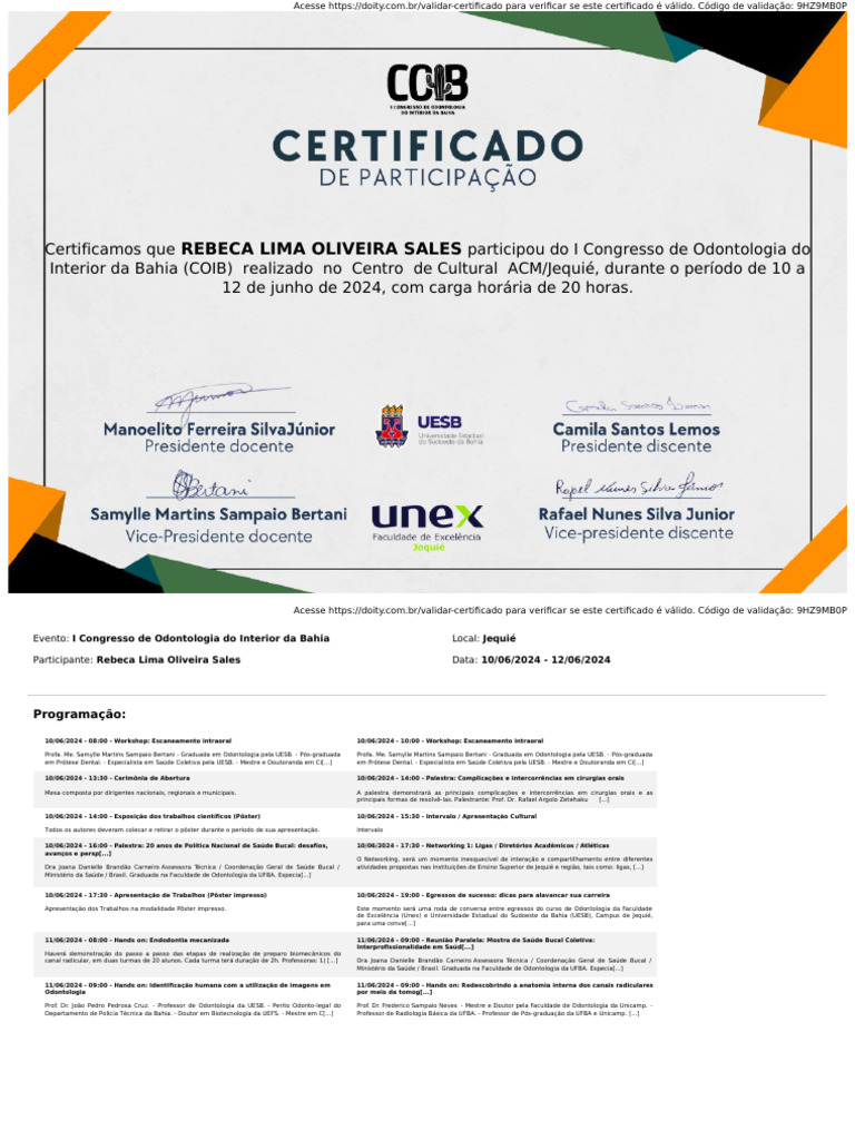 Certificado de Participação no COIB 2024 | PDF | Odontologia | Academia