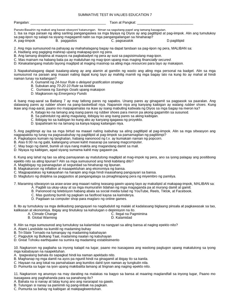 Summative Test in Values Education 7 | PDF