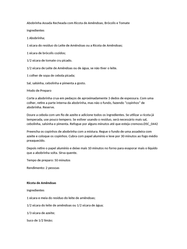 Abobrinha Assada Recheada Com Ricota de Amêndoas | PDF