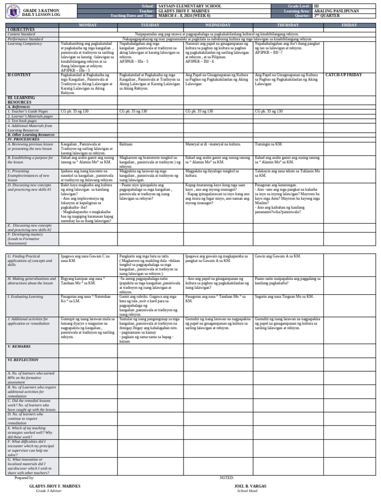 DLL Araling Panlipunan 3 q3 w6 | PDF
