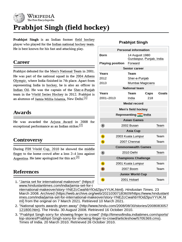 Prabhjot Singh (Field Hockey) | PDF | Sports