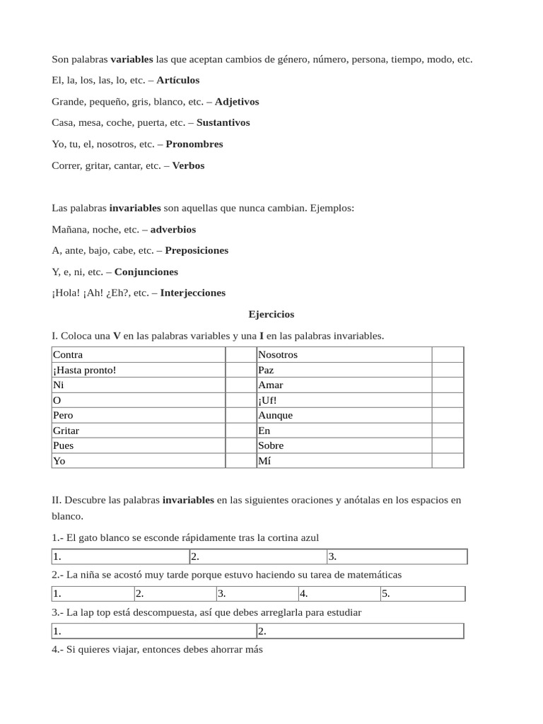 Palabras Variables e Invariables | PDF | Unidades Semánticas | Gramática