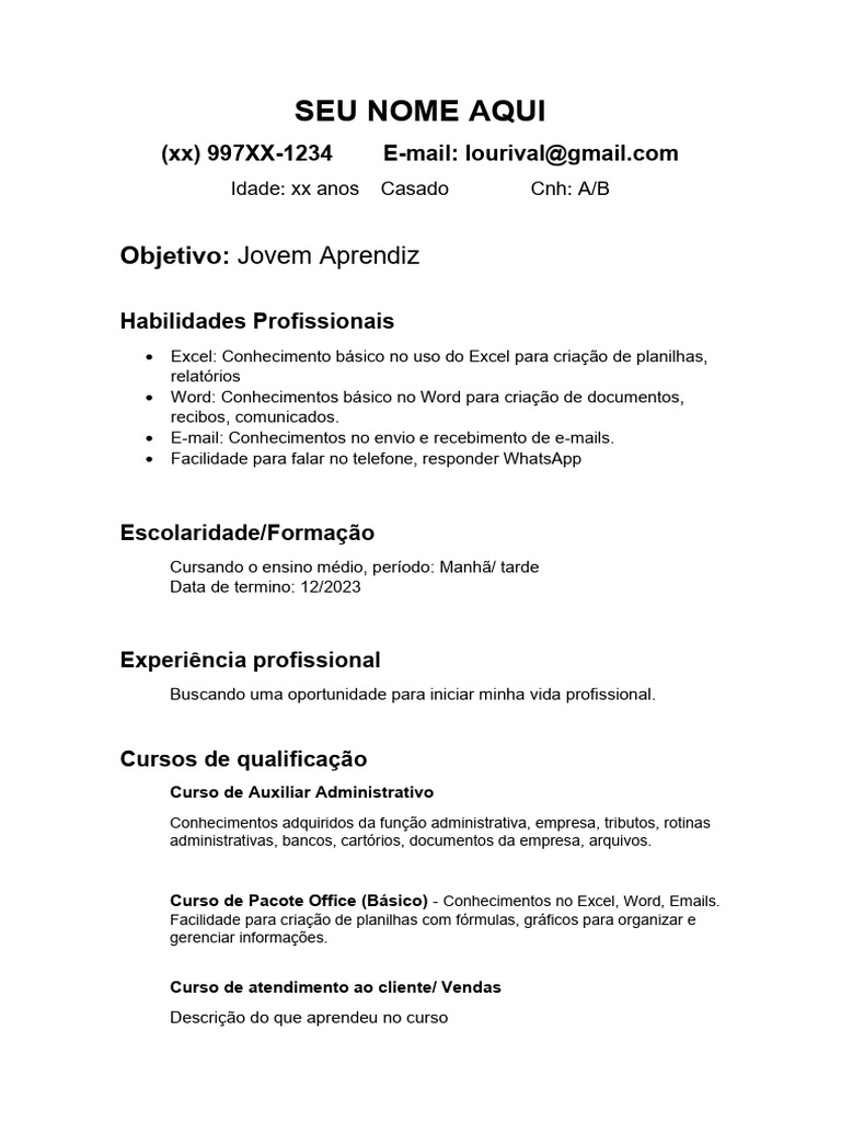 Modelo - Curriculo Jovem Aprendiz | PDF