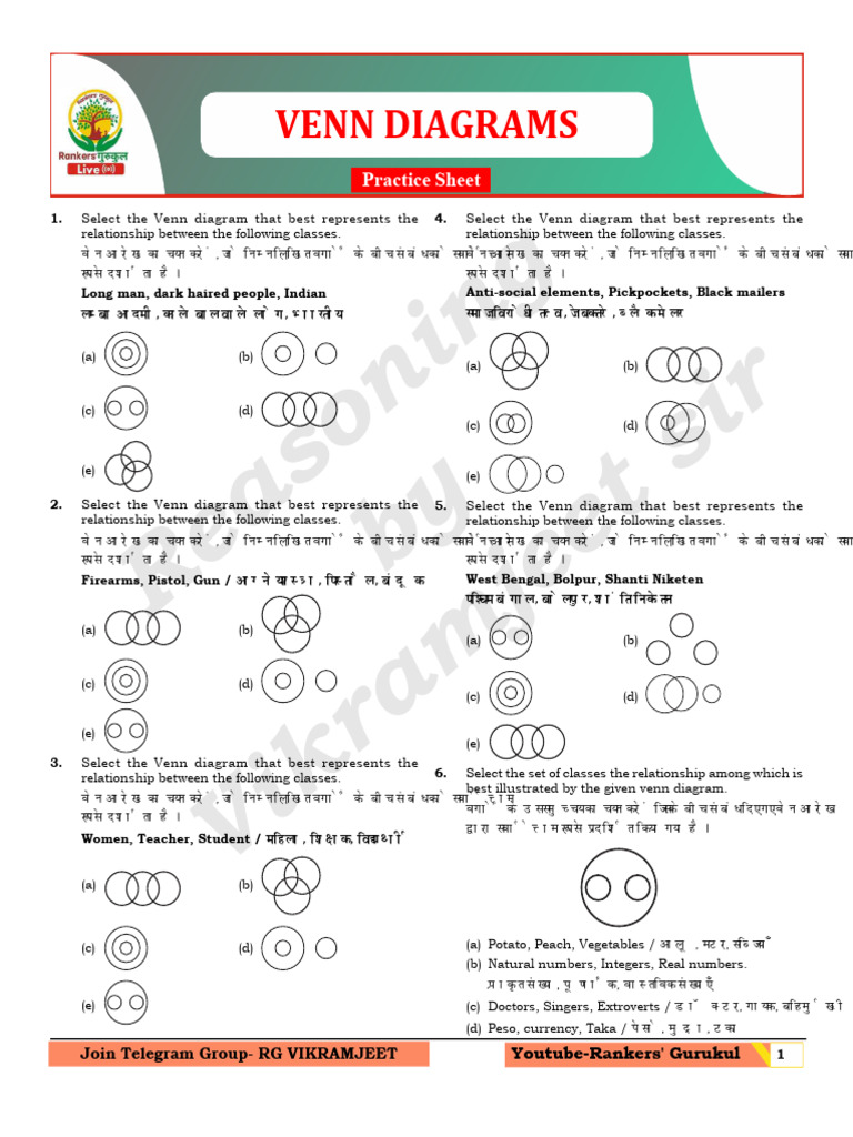 054) Venn Diagram Practice Sheet (REASONING - VENN DIAGRAM) | PDF