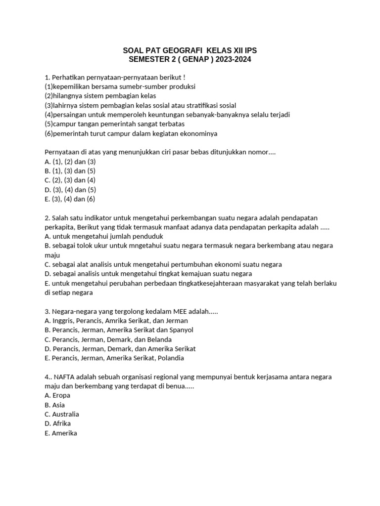 4.soal World Pas Kelas Xii Ips (2023 - 2024) | PDF