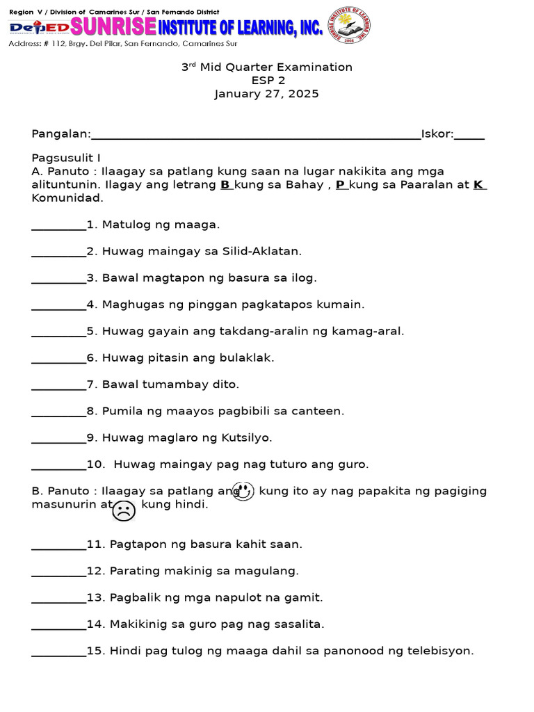 ESP 2 - 3rd Mid Quarter Examination | PDF