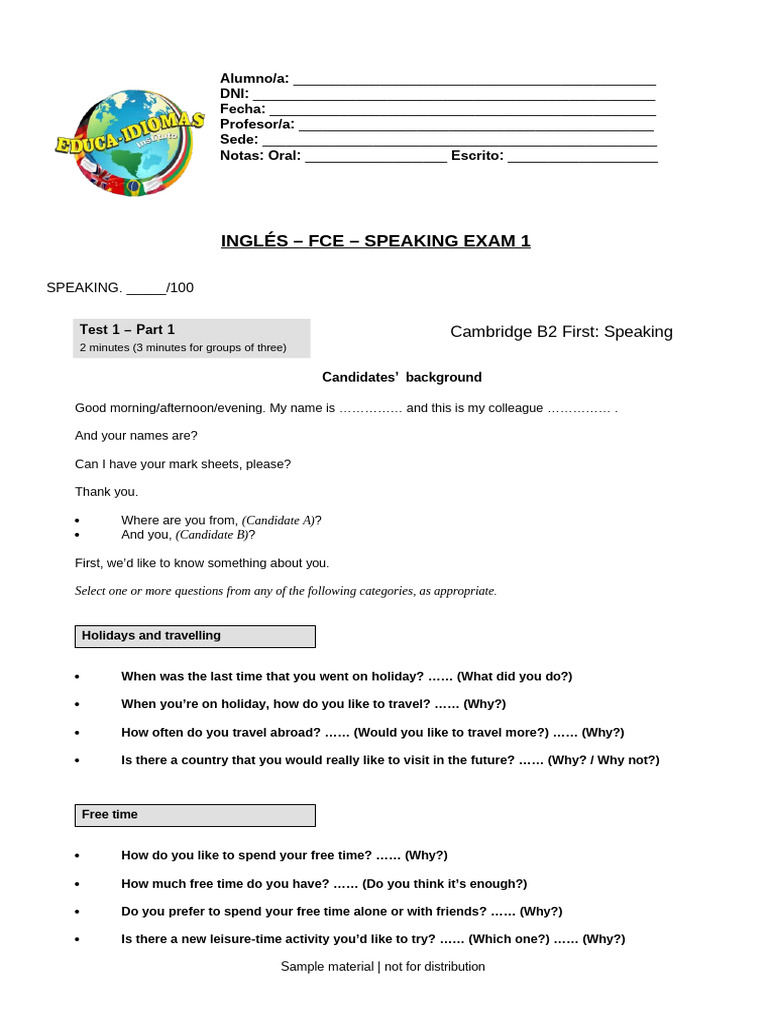 Cambridge B2 First Speaking Exam Guide | PDF