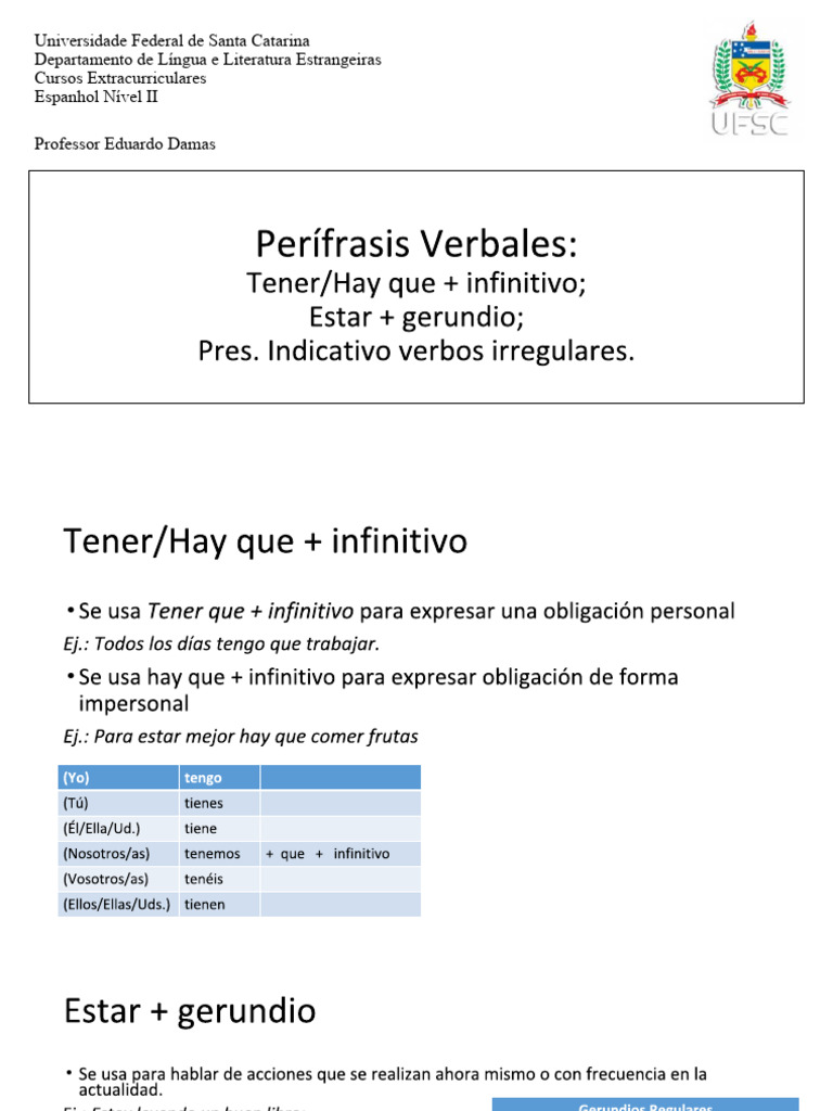 Tener Que + Infinitivo; Gerundio; Presente Irregular. | PDF