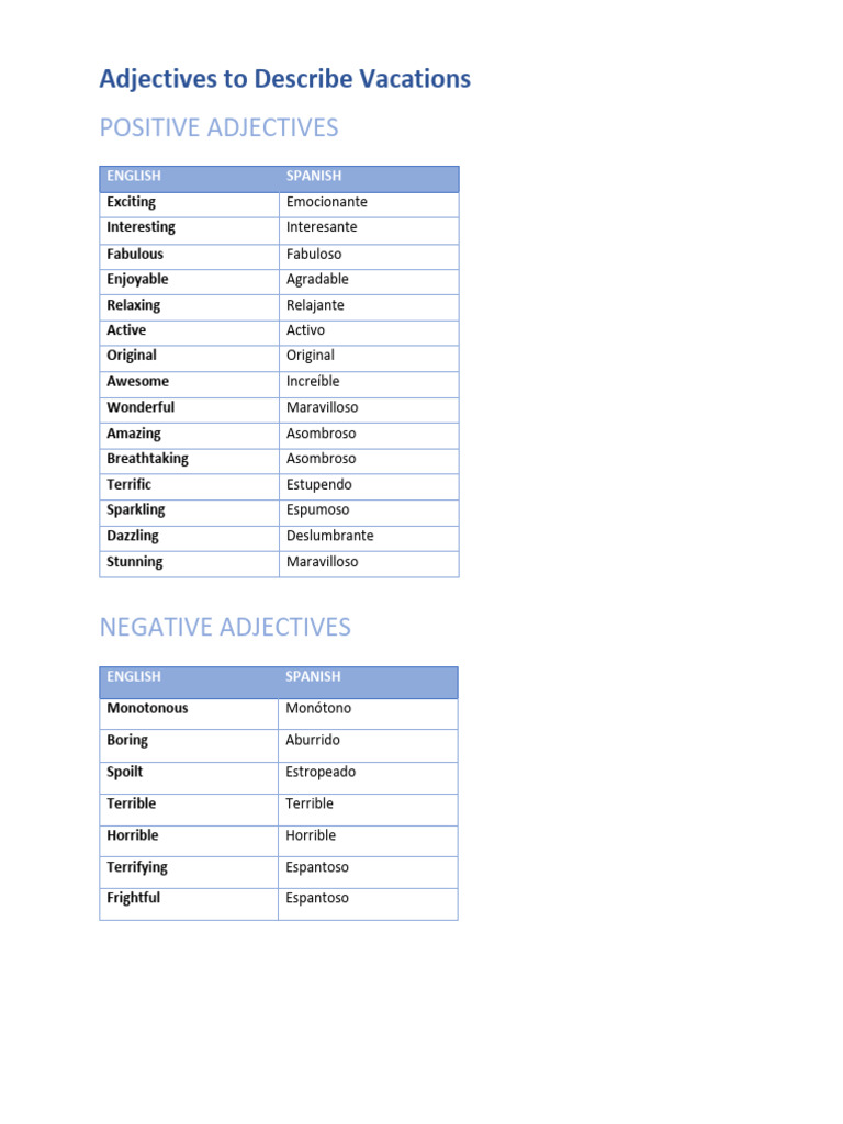 Adjectives To Describe Vacations | PDF