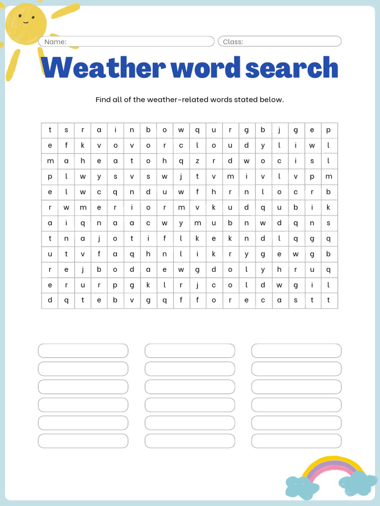 Weather Word Search Worksheet in Blue Illustrative Style | PDF