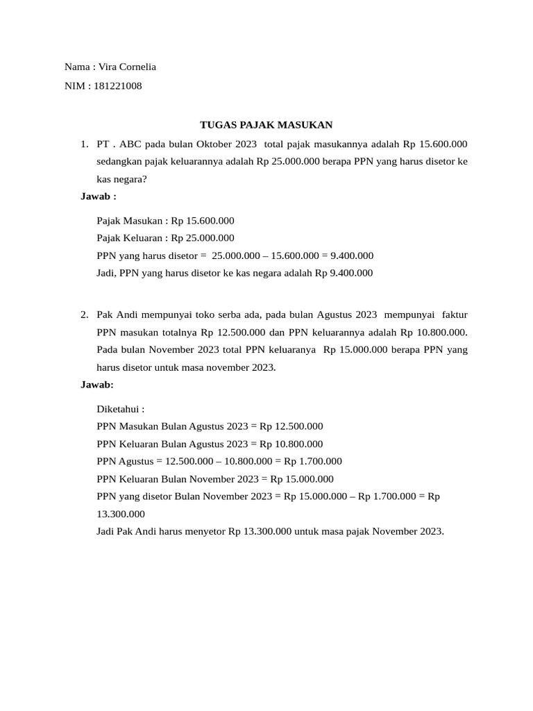 Vira Cornelia - Tugas Pajak Masukan 2022 - 181221008 - Reg | PDF