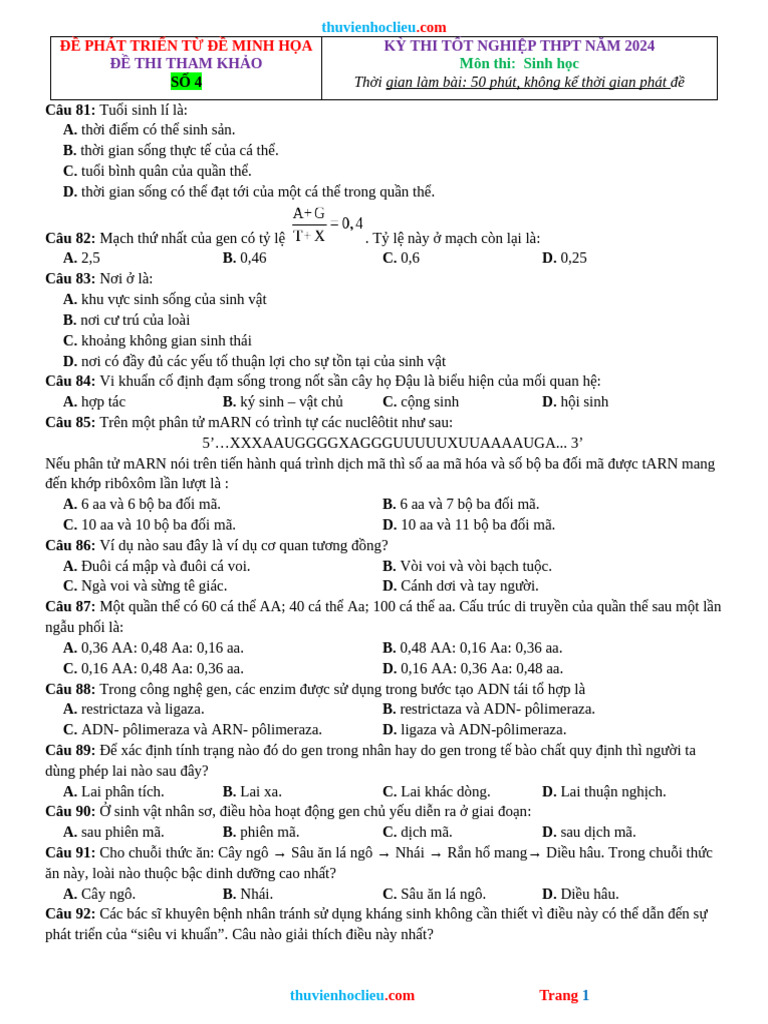 Thuvienhoclieu.com de Thi Thu TN THPT 2024 Mon Sinh Phat Trien Tu de Minh Hoa de 4 | PDF