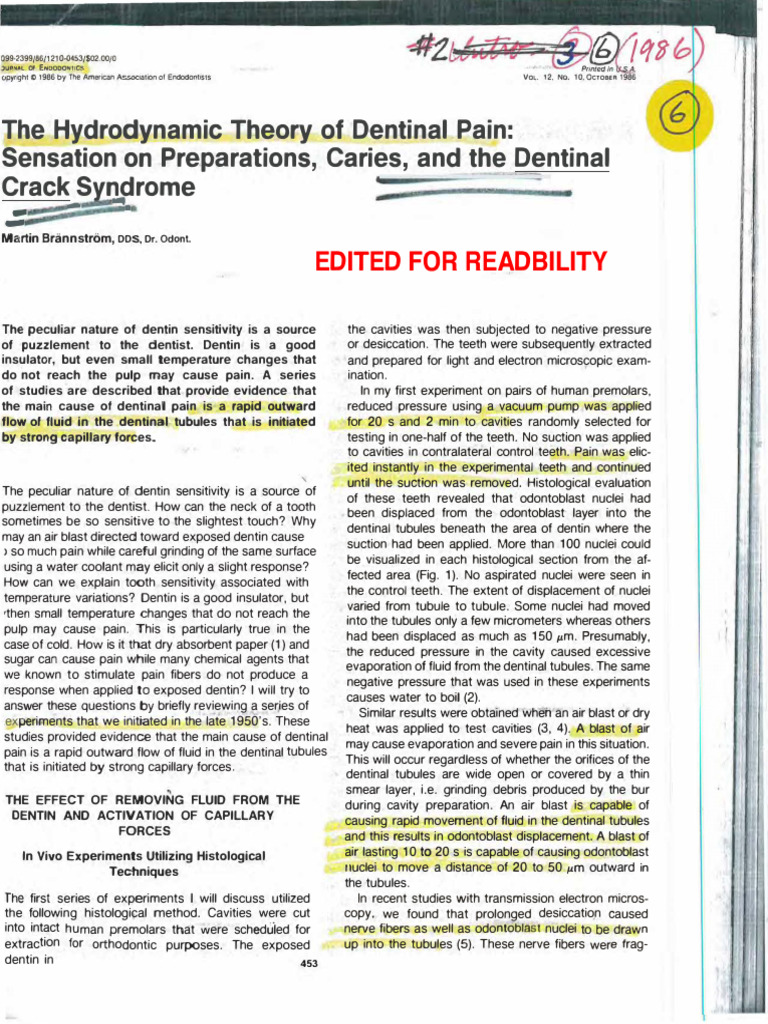 Dentinal Pain: Hydrodynamic Theory | PDF | Dentin | Human Tooth