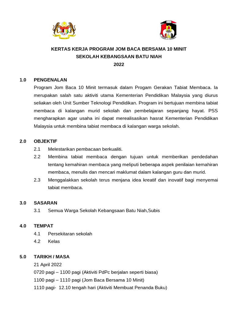 Kertas Kerja Program Jom Baca Bersama 10 Minit 2022 SKBN | PDF