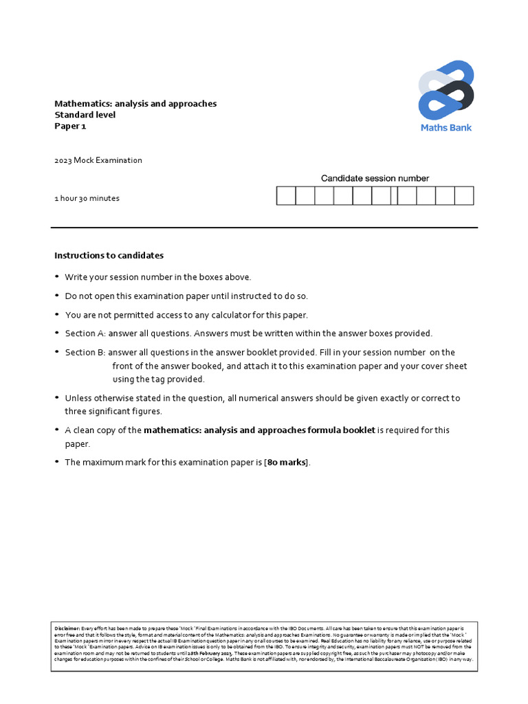 2023 Maths Bank AA SL Mock Paper 1 | PDF | Area | Mathematics
