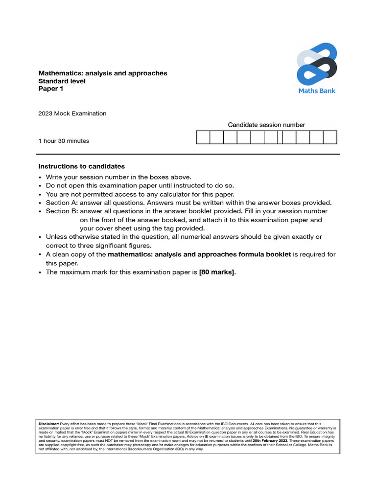 2023 Maths Bank AA SL Mock Paper 1 | PDF | Mathematics | Applied ...