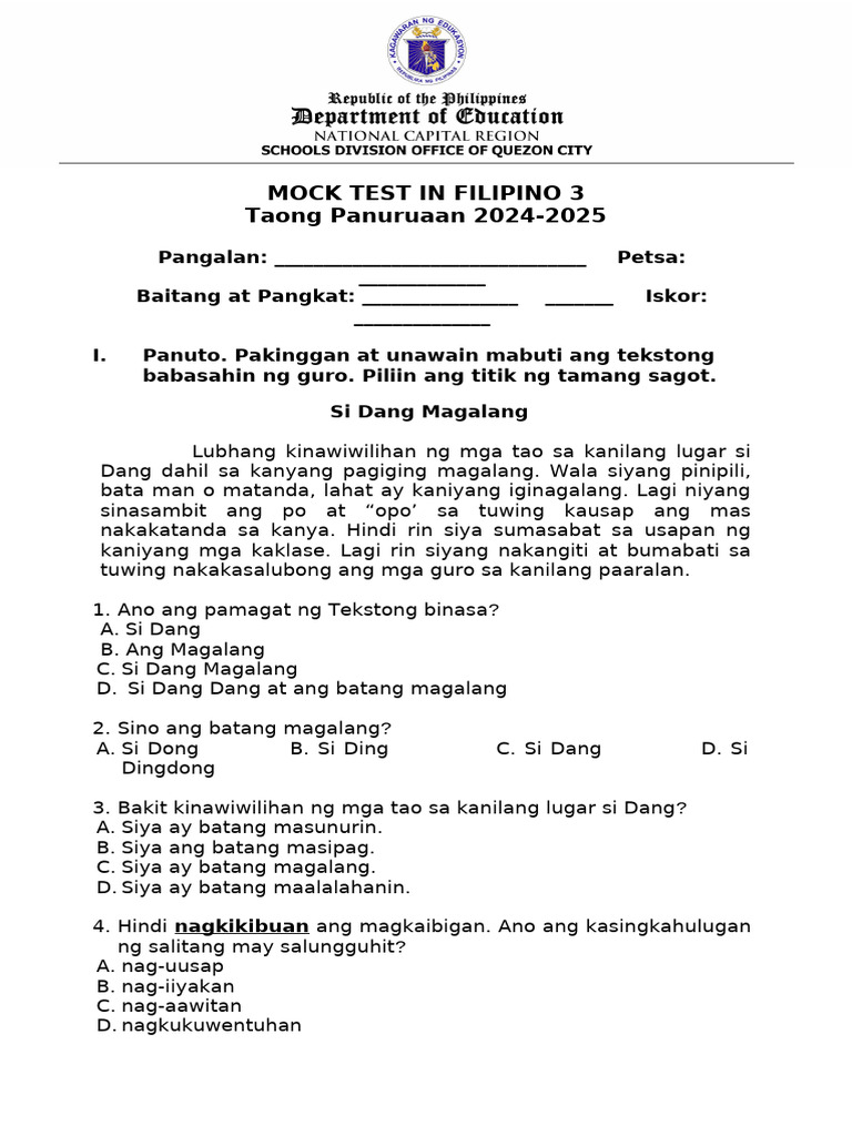 Mock Test in Filipino 3 Final | PDF