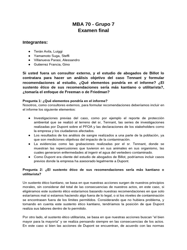 Examen Final - Ética y Negocios - MBA 70 - Grupo7 | PDF | Utilitarismo