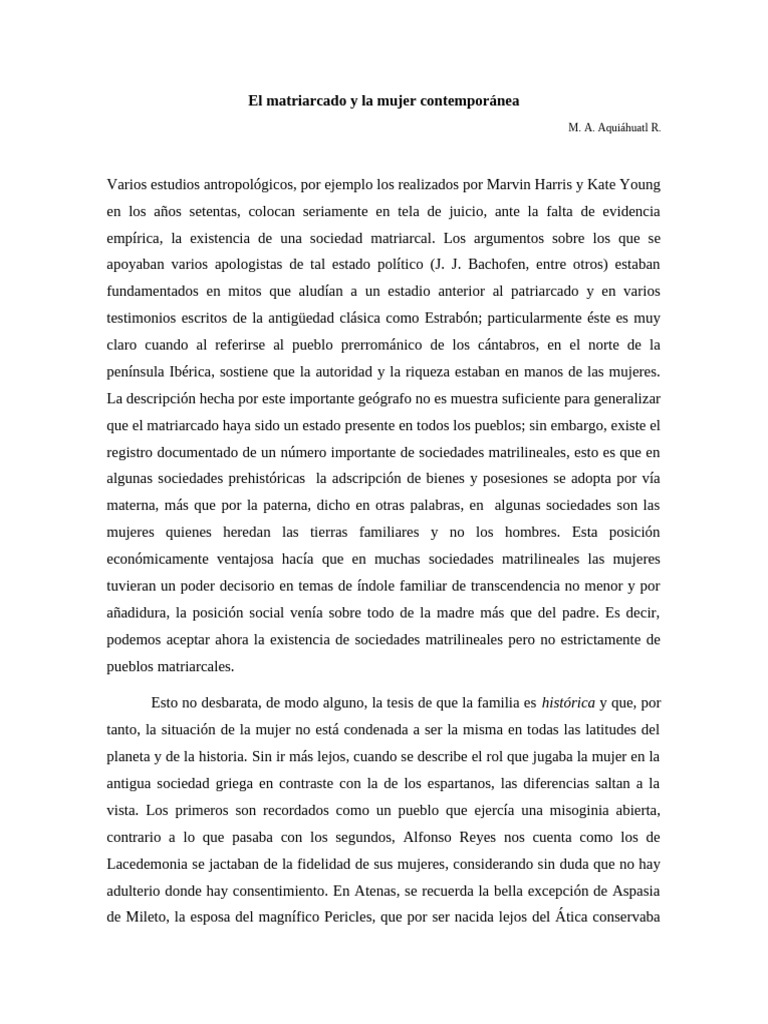 El Matriarcado y La Situación Femenina | PDF | Matriarcado