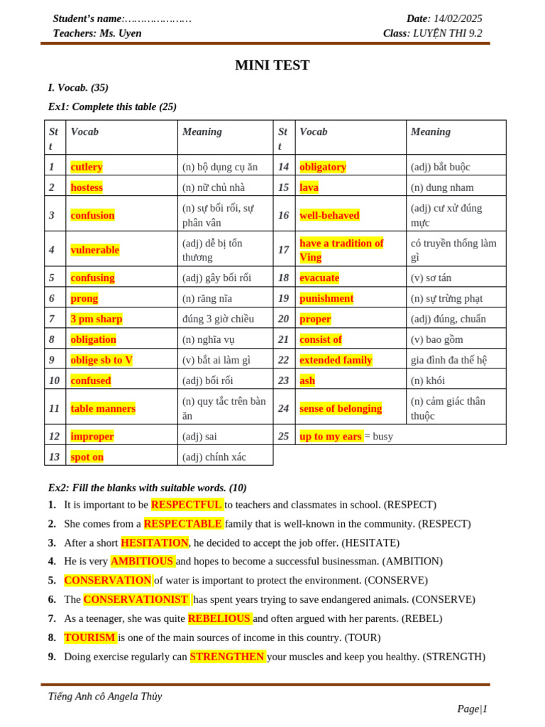 English Mini Test for Grade 9 Students | PDF