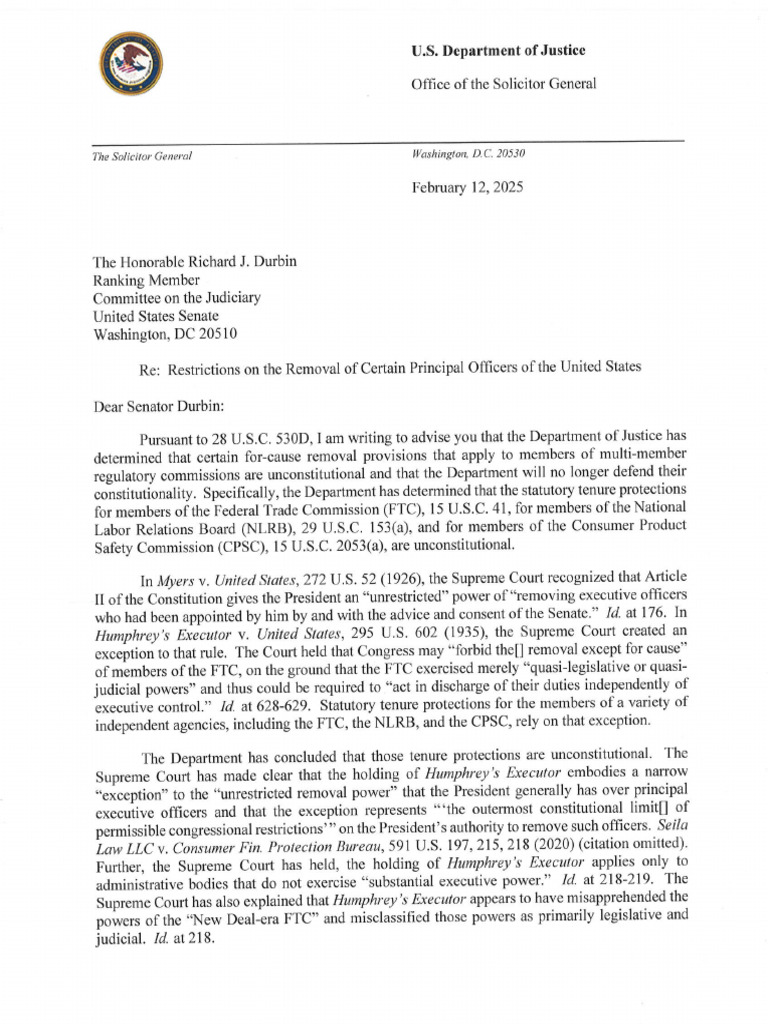 Acting U.S. Solicitor General Letter To Senator Dick Durbin | PDF