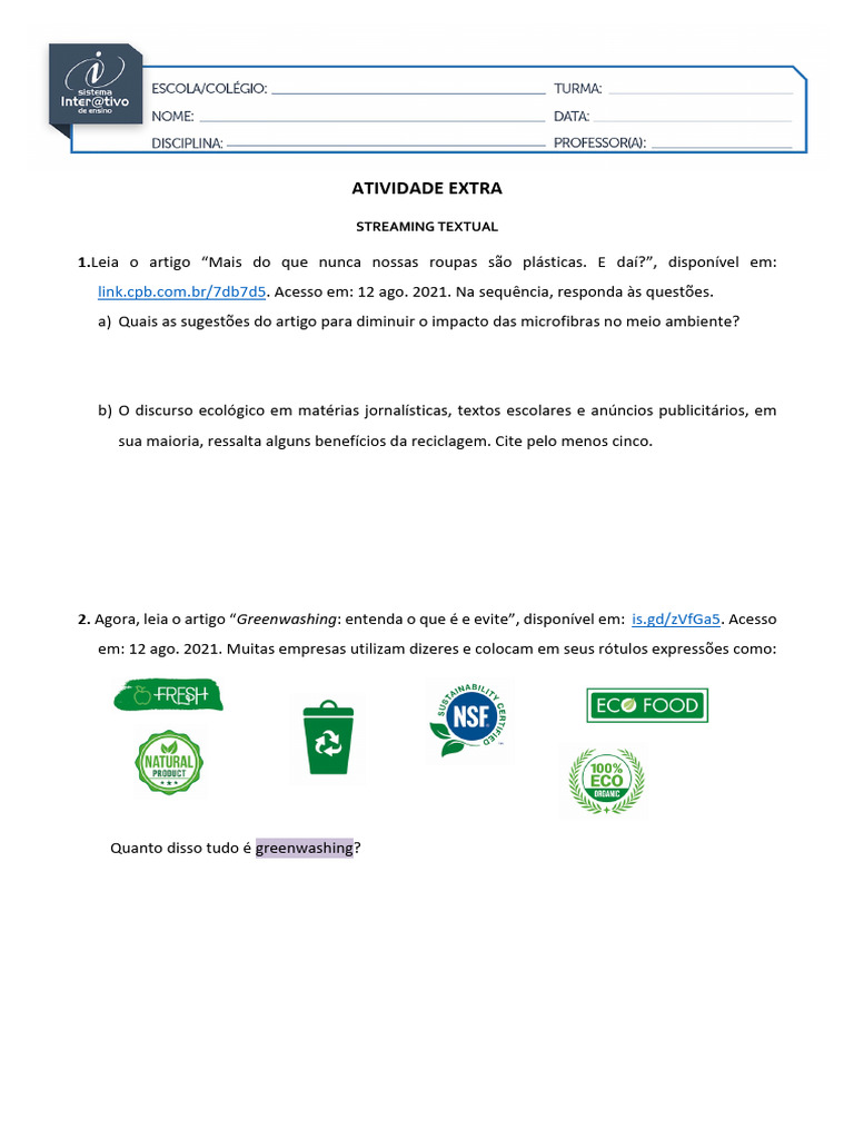 9ºANO ATIVIDADE EXTRA 1ºBIMESTRE | PDF