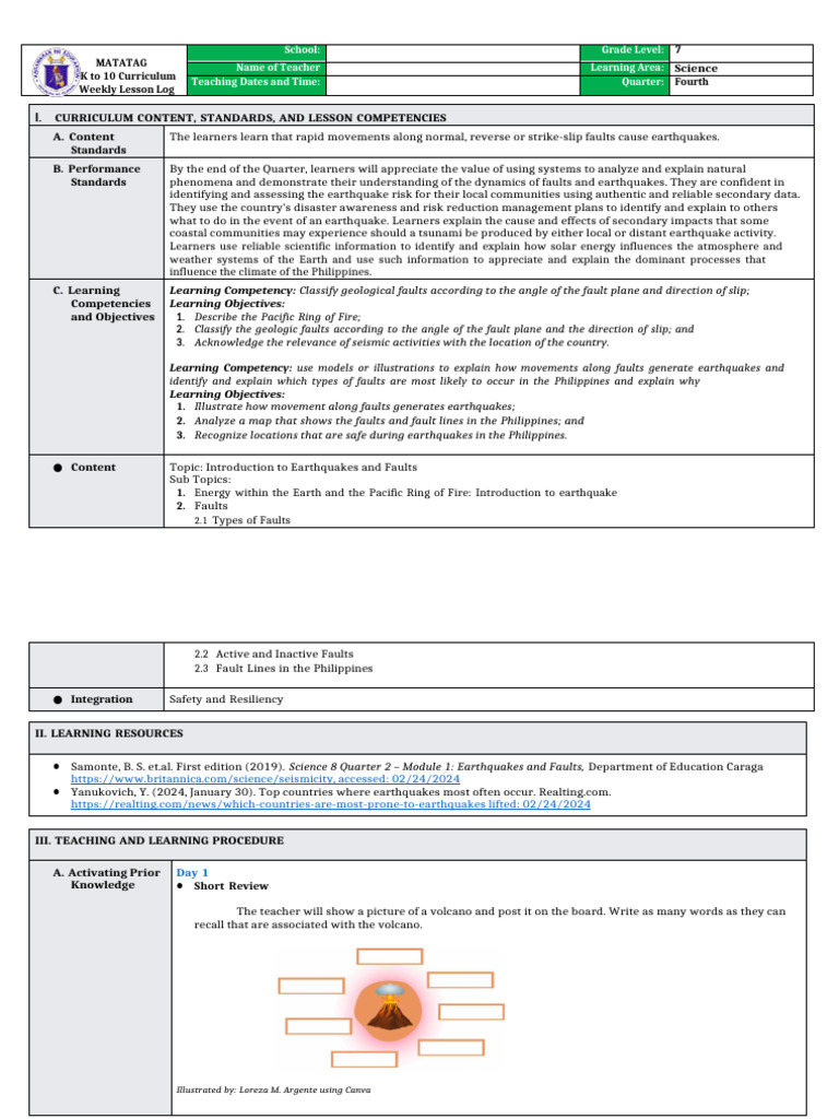 DLL Matatag - Science 7 Q4 W1 | PDF | Fault (Geology) | Earthquakes