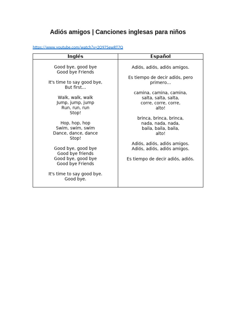 Canción "Adiós Amigos" para Niños | PDF