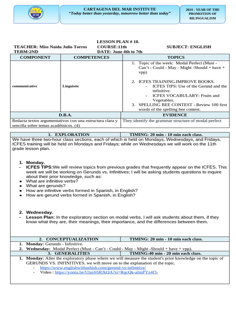 11th Grade - LESSON PLAN #10 June 4th To 7th | PDF | Vocabulary ...