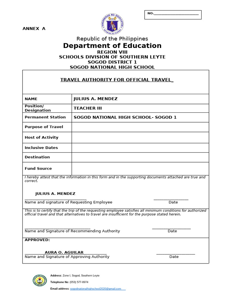 Teacher Travel Authorization Form | PDF