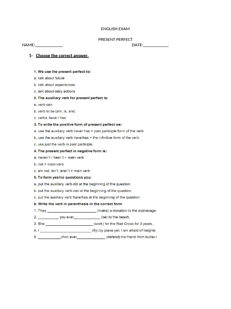 Final Exam Present Perfect | PDF
