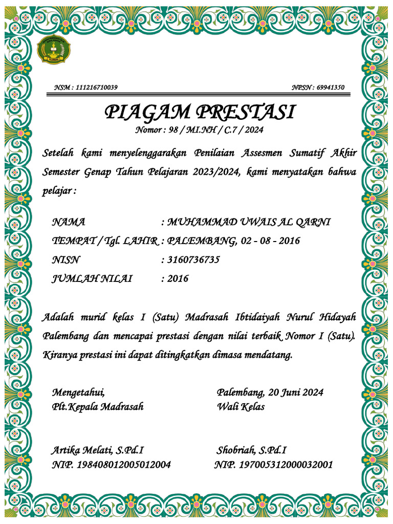 FORMAT PIAGAM PRESTASI 2023-2024 GENAP | PDF