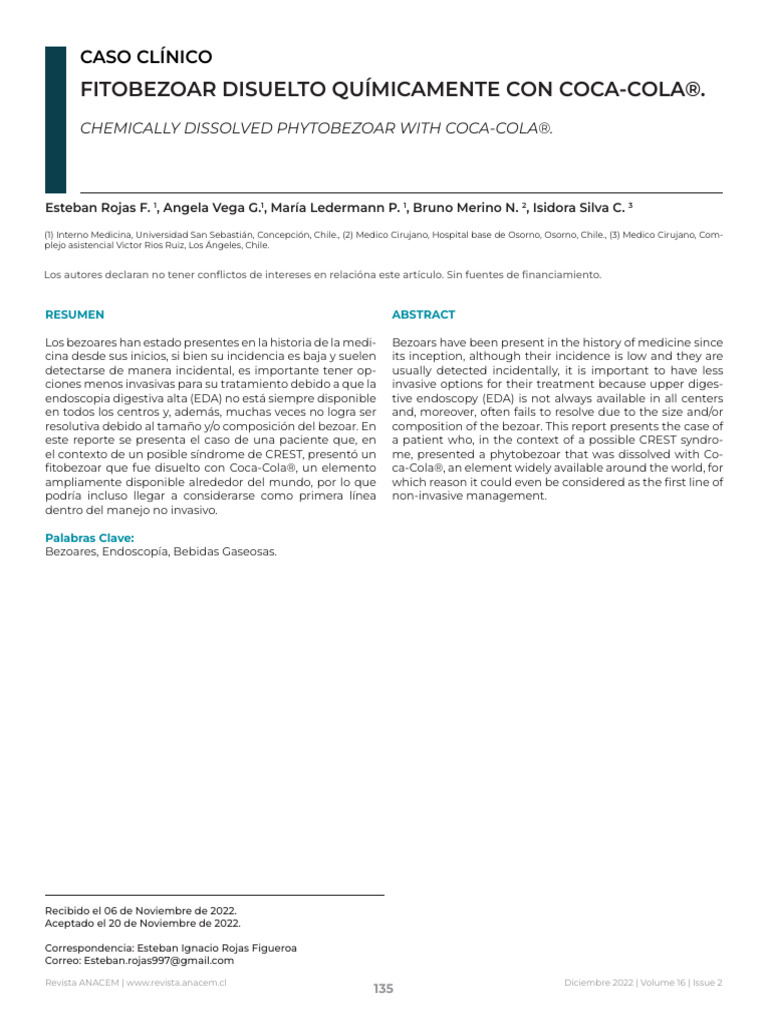 Disolución de fitobezoar con Coca-Cola® | PDF | Medicina CLINICA | Medicina