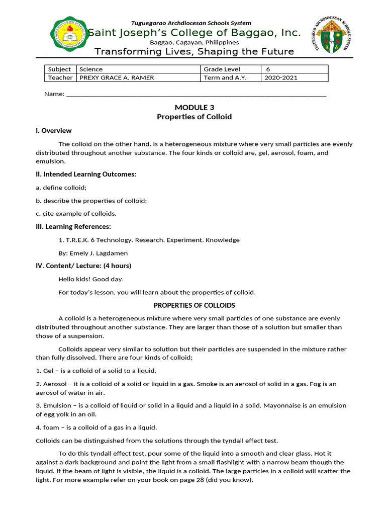 module 3 science 6 | PDF | Colloid | Mixture