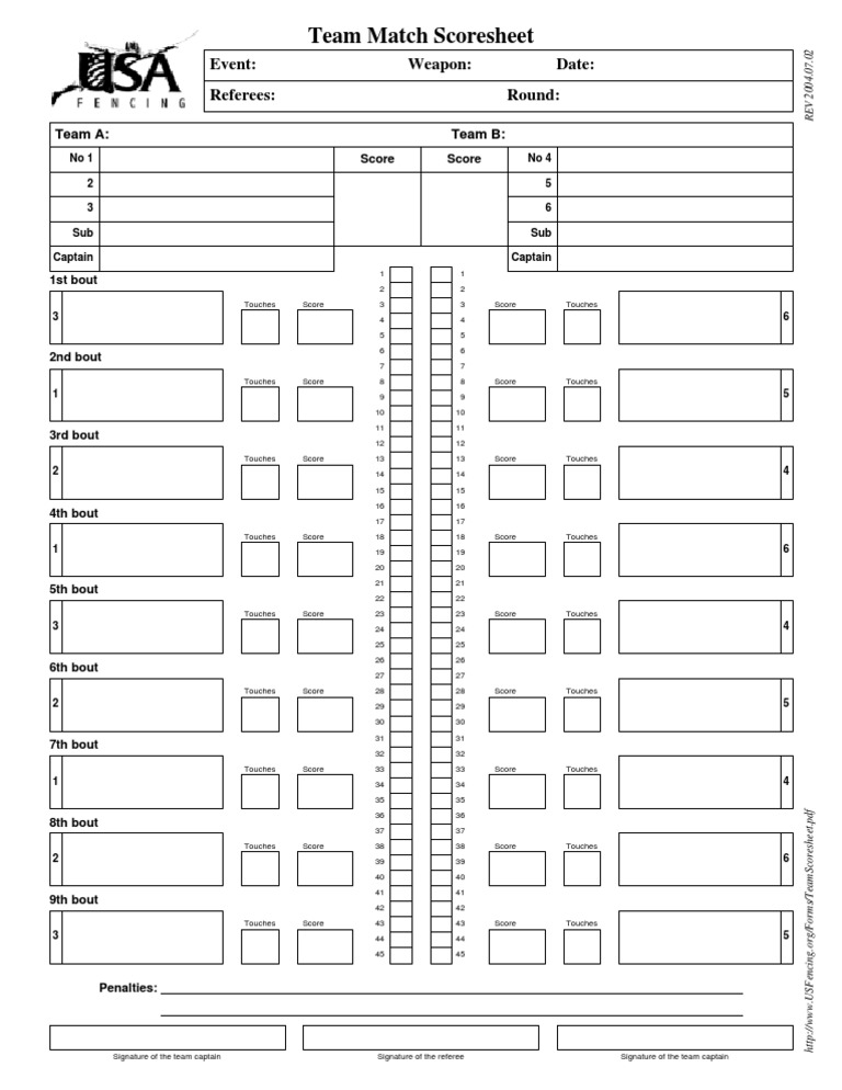 Fencing Team Match Scoresheet | PDF | Career & Growth | Sports & Recreation