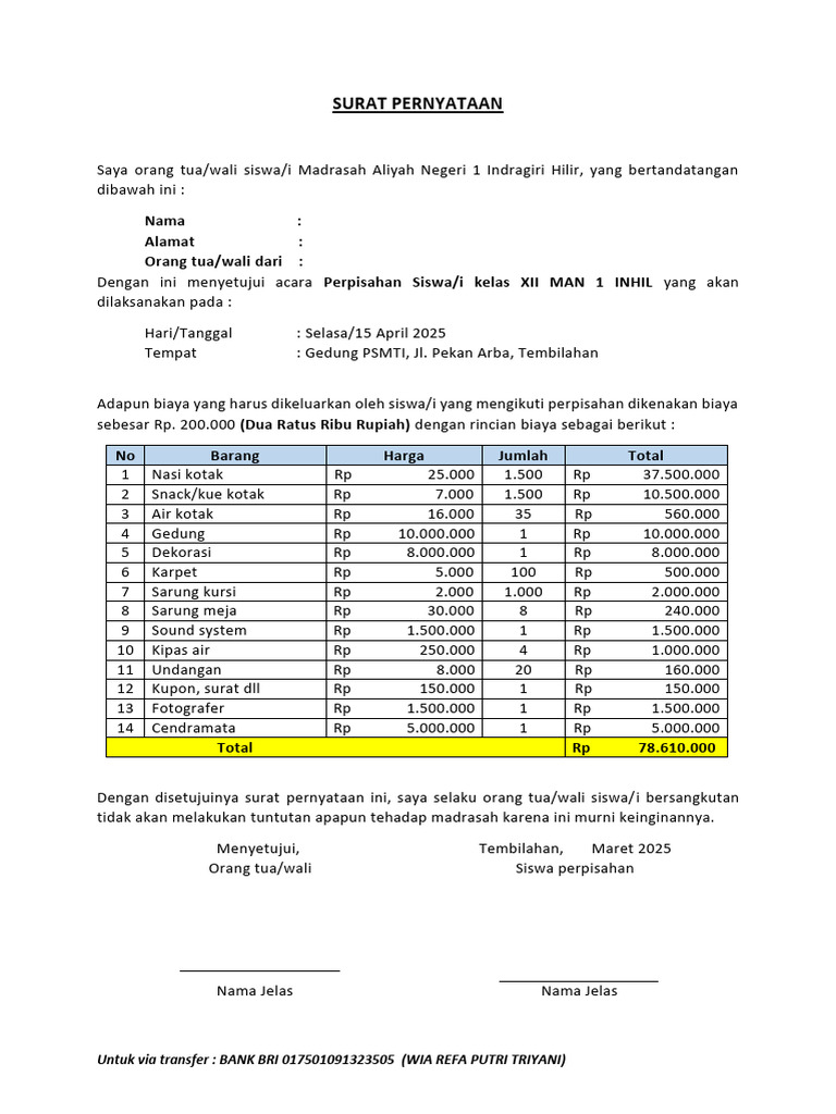 Surat Pernyataan Perpisahan Siswa MAN 1 INHIL | PDF