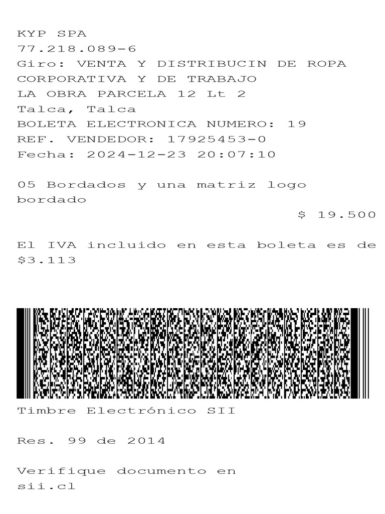Boleta Electrónica KYP SPA Ropa Corporativa | PDF