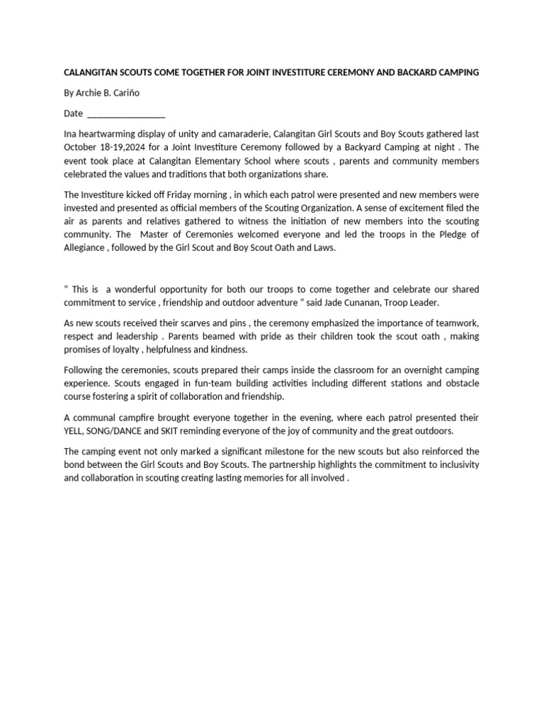 News Article About INVESTITURE AND BACKYARD CAMPING | PDF