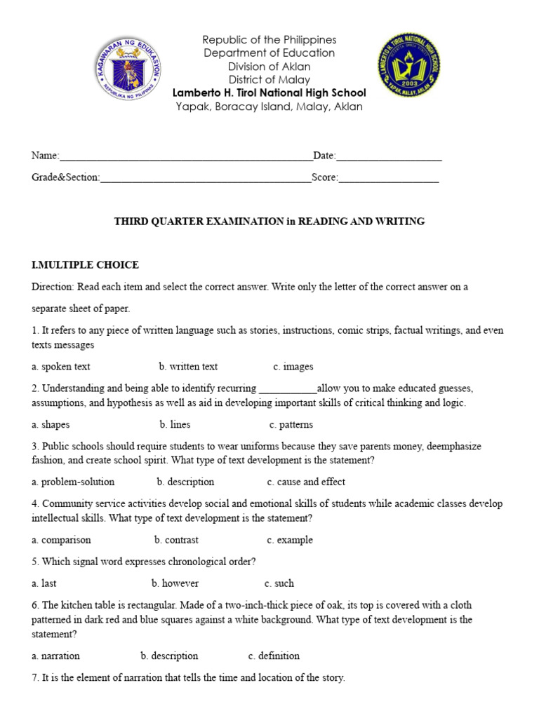 Grade 9 Reading & Writing Exam | PDF | Cognition | Human Communication